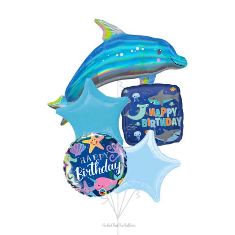 [Under The Sea] Iridescent Blue Dolphin Foil Balloon Bouquet (5pcs ...
