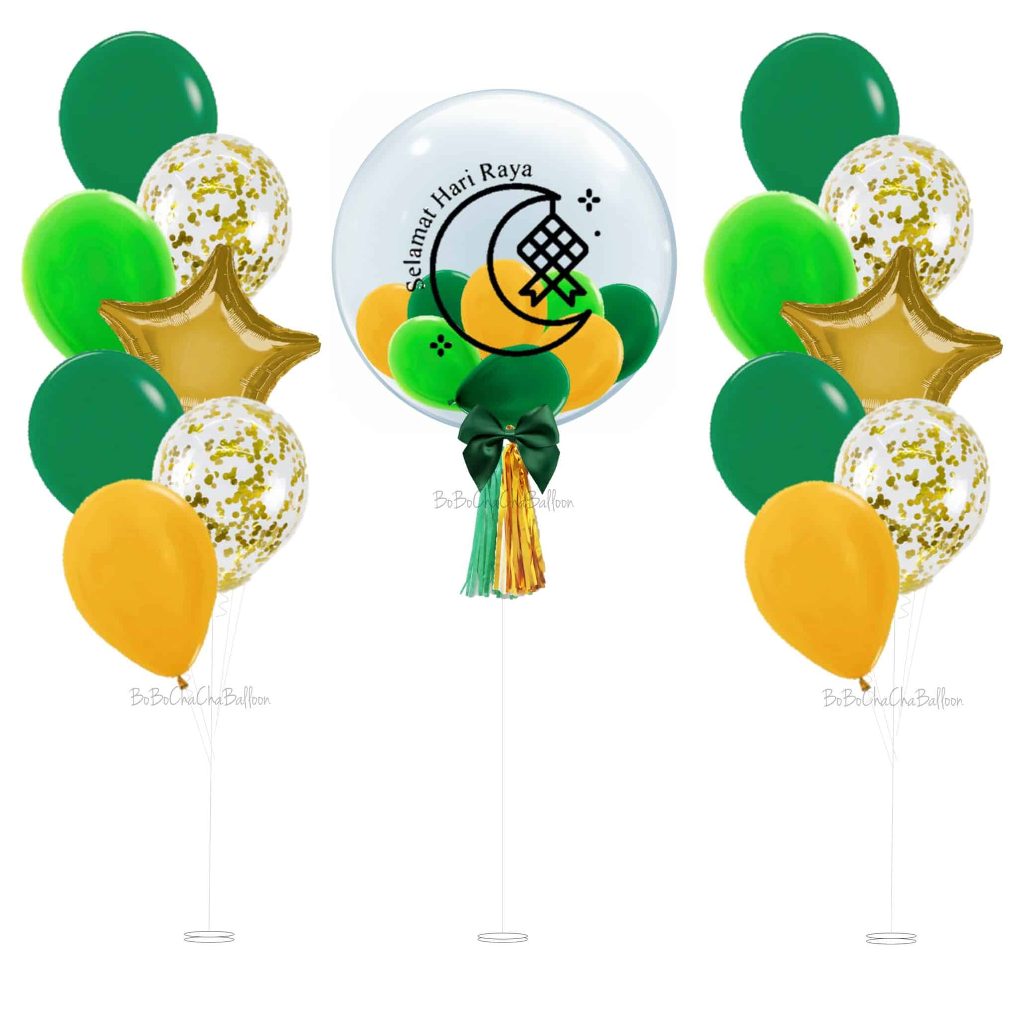 24″ Bubble Balloon with Gold Green Mixed Bouquet - Selamat Hari Raya ...